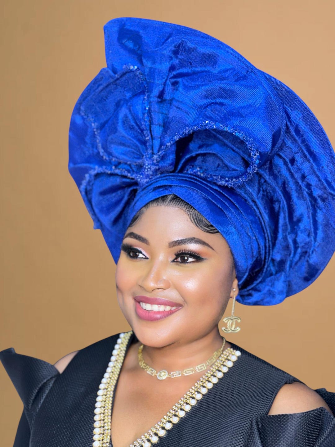 African Woman Head Tie , Rich Mummy Headgear, Royal Blue Auto Gele ...