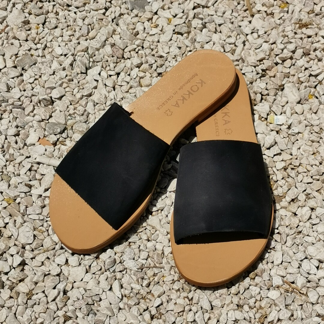 Greek Handmade Black Leather Slipper - Etsy