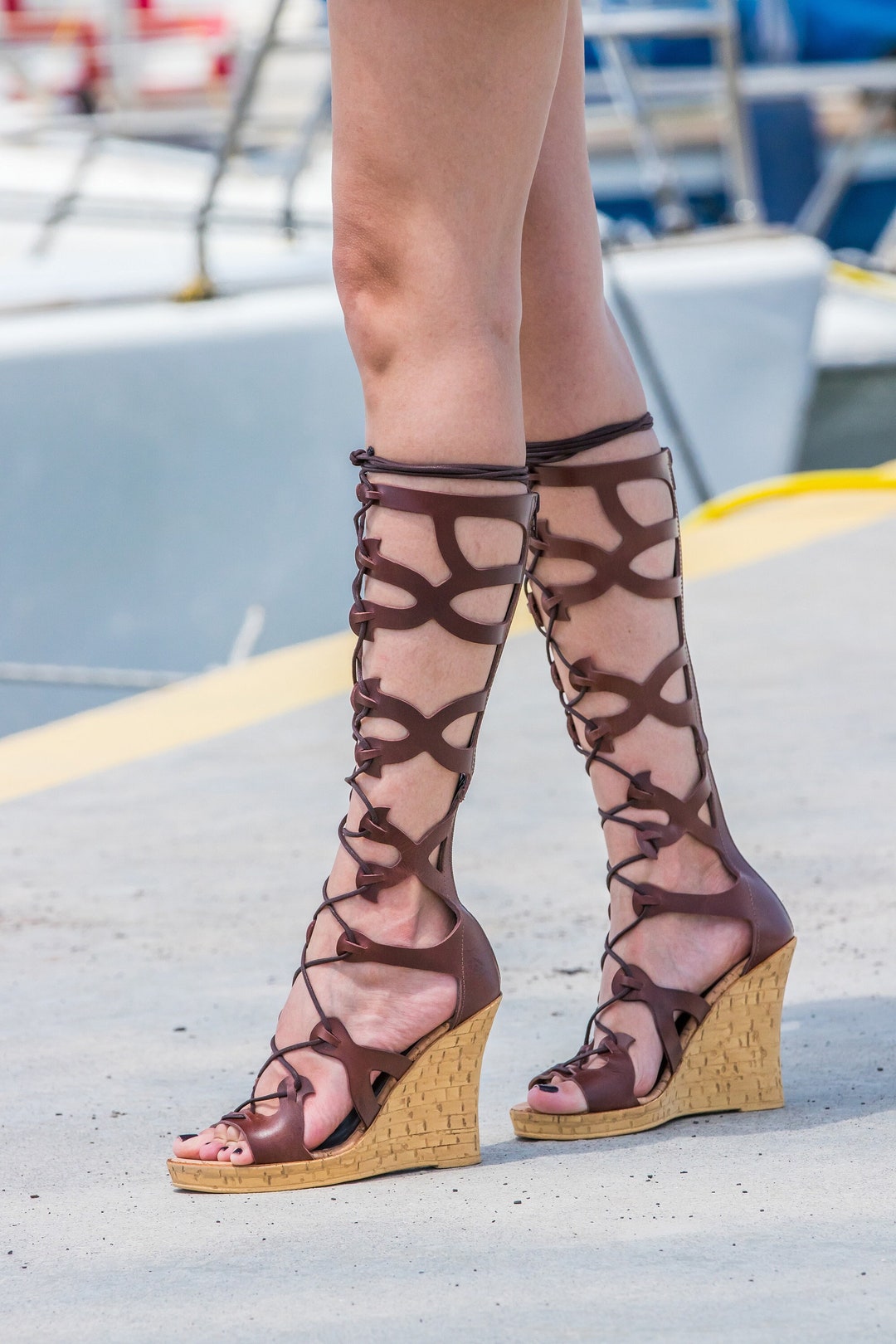 Gladiator High Heel Sandal, Lace up Leather Knee High Sandal - Etsy