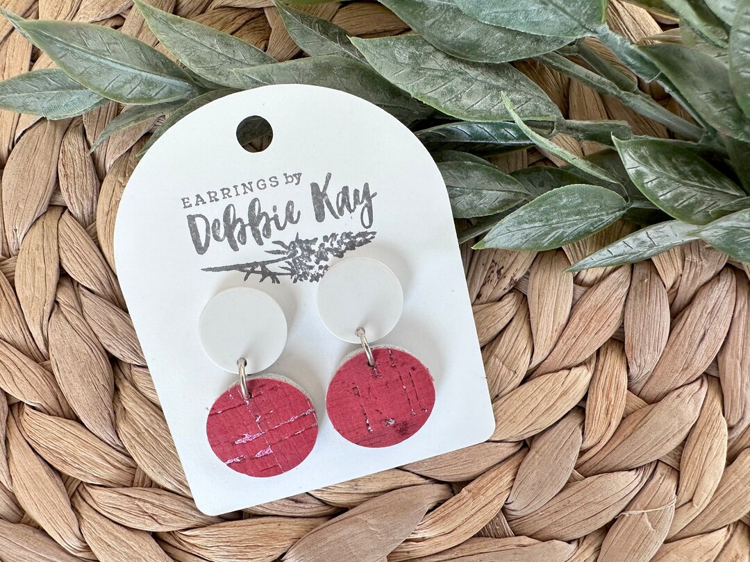 Red W/ White Acrylic Stud, Cork and Leather Circle Earrings - Etsy
