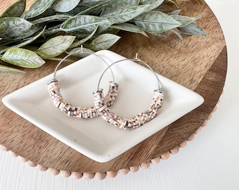 White and Cream Heishi Dish Clay Earrings, Silver Hoop and Polymer Clay ...