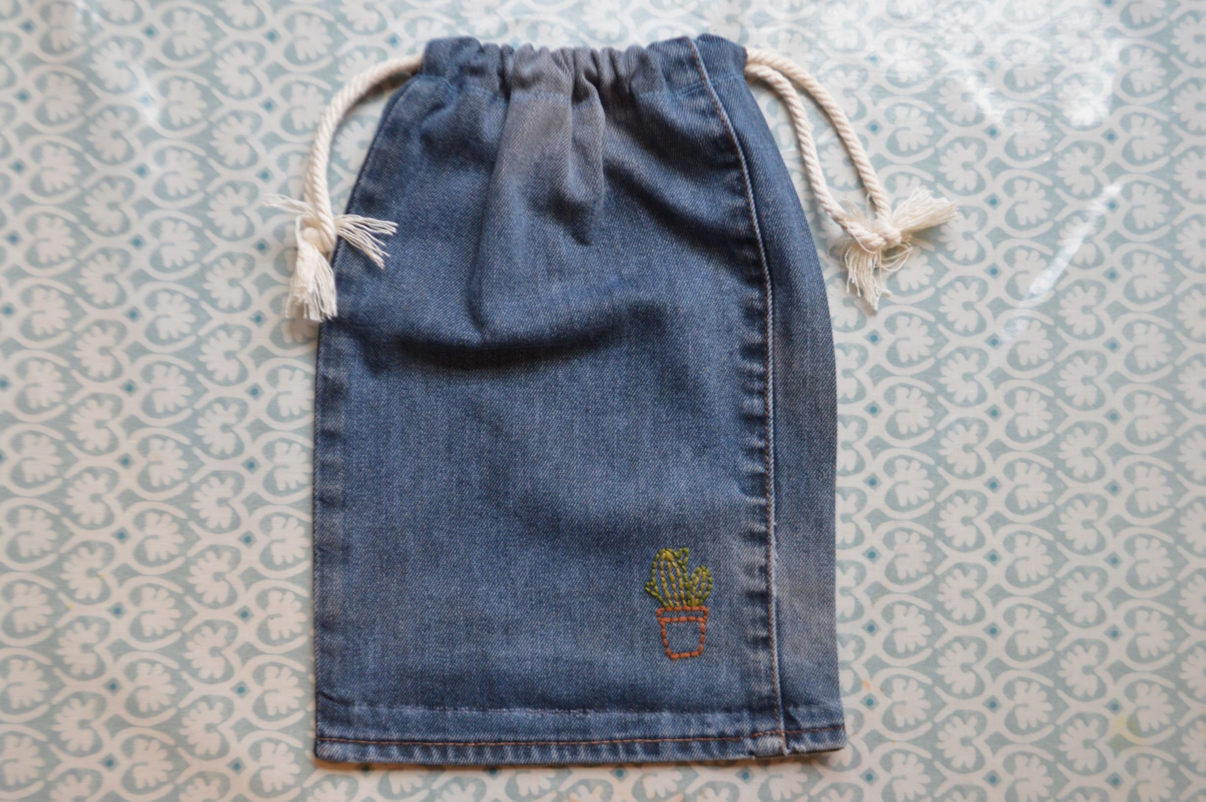 Recycled Denim Drawstring Bag Hand-embroidered Cactus - Etsy