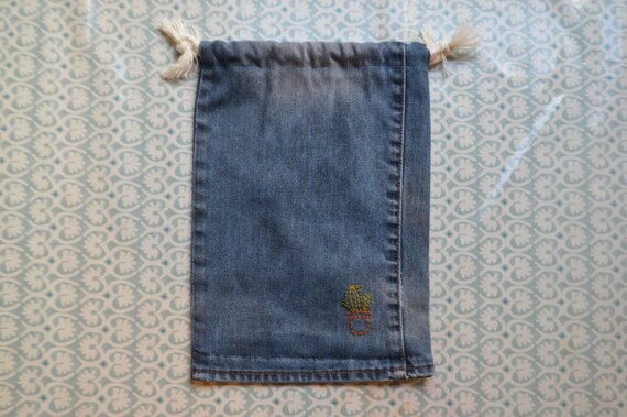 Recycled Denim Drawstring Bag Hand-embroidered Cactus - Etsy