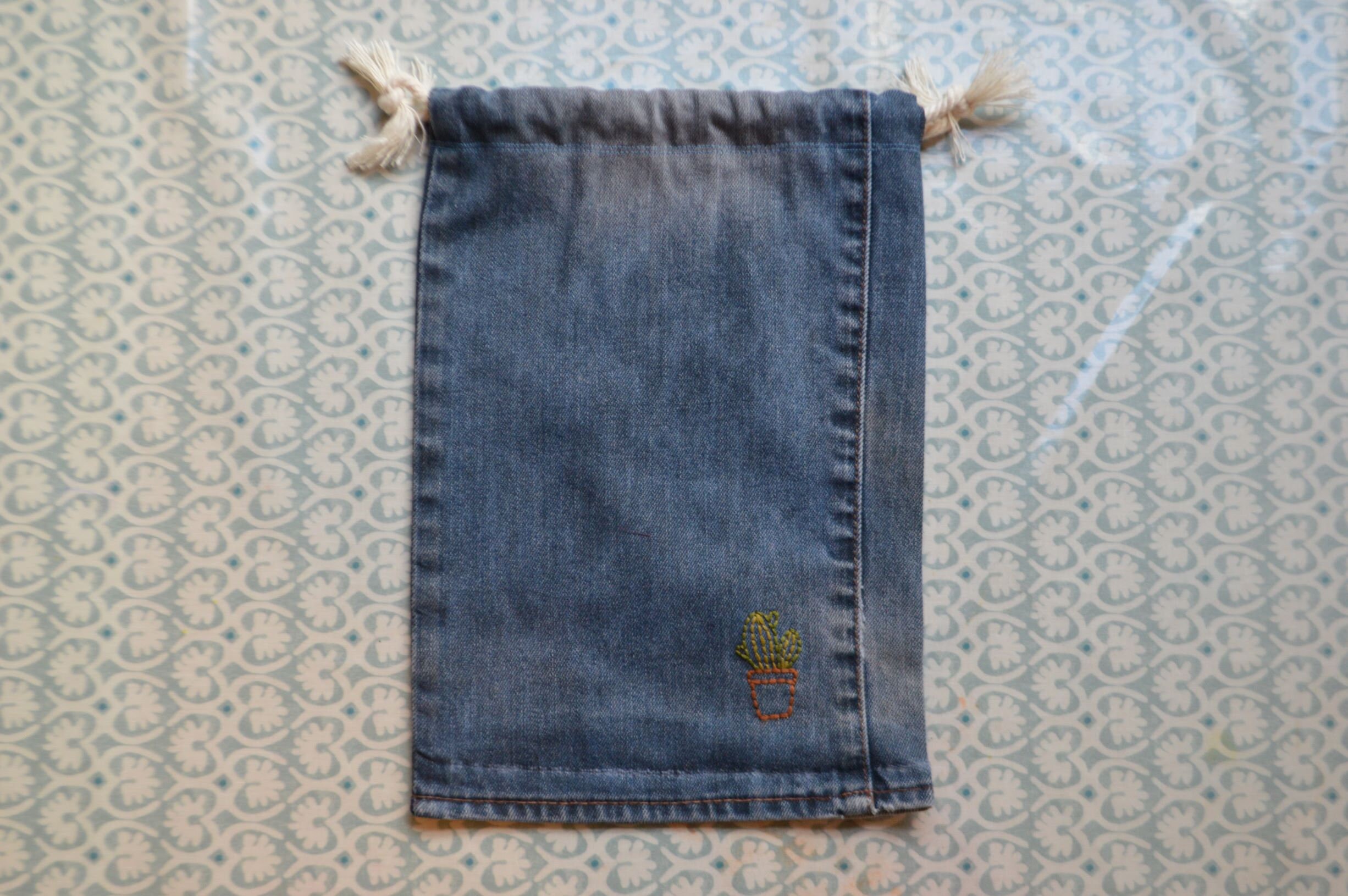 Recycled Denim Drawstring Bag Hand-embroidered Cactus - Etsy