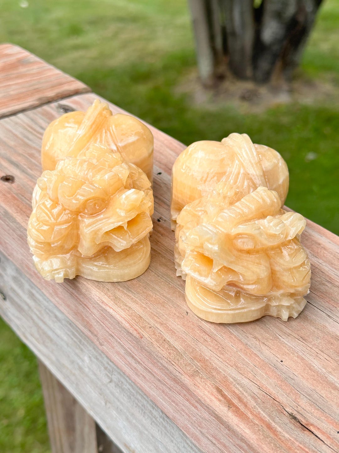A Pair of Pixiu - Yellow Calcite Stone Natural Gemstone Handmade Statue ...