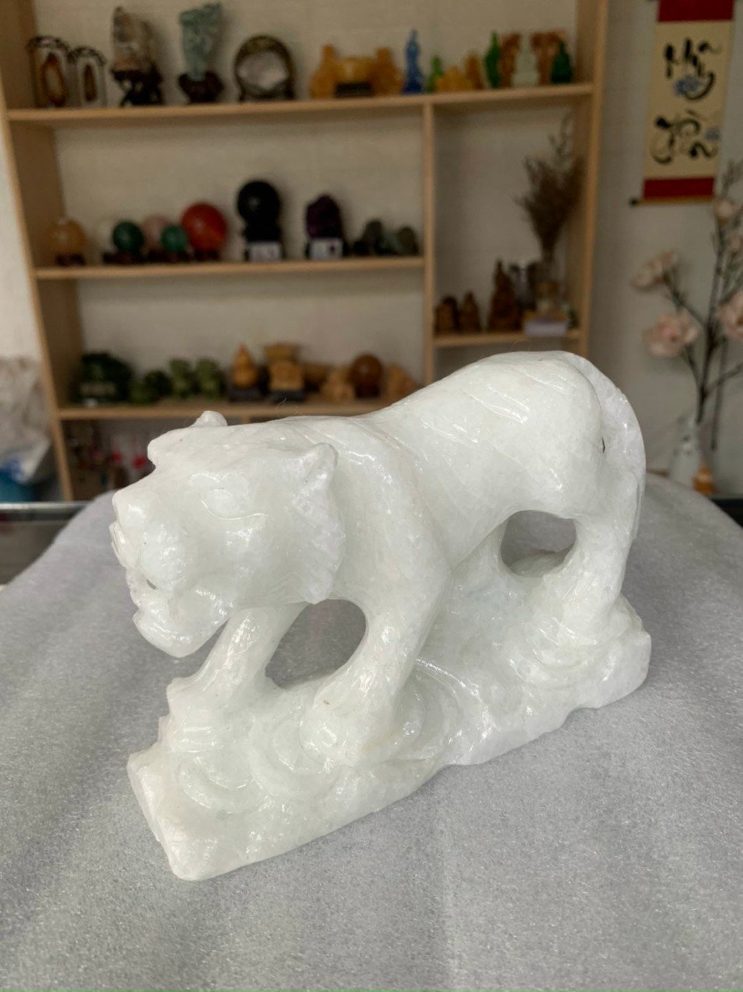 Tiger Fengshui Statue, Natural White Stone&crystal Composite, Hand ...