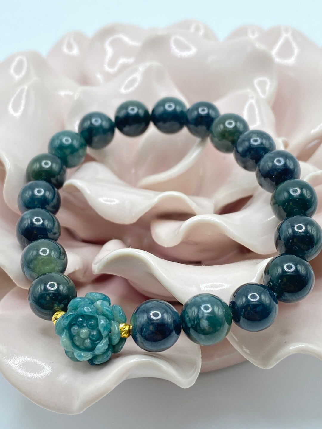 Jadeite Jade Gemstone Hand Carved Bracelet Mix Lotus Charm & 10k Bead ...