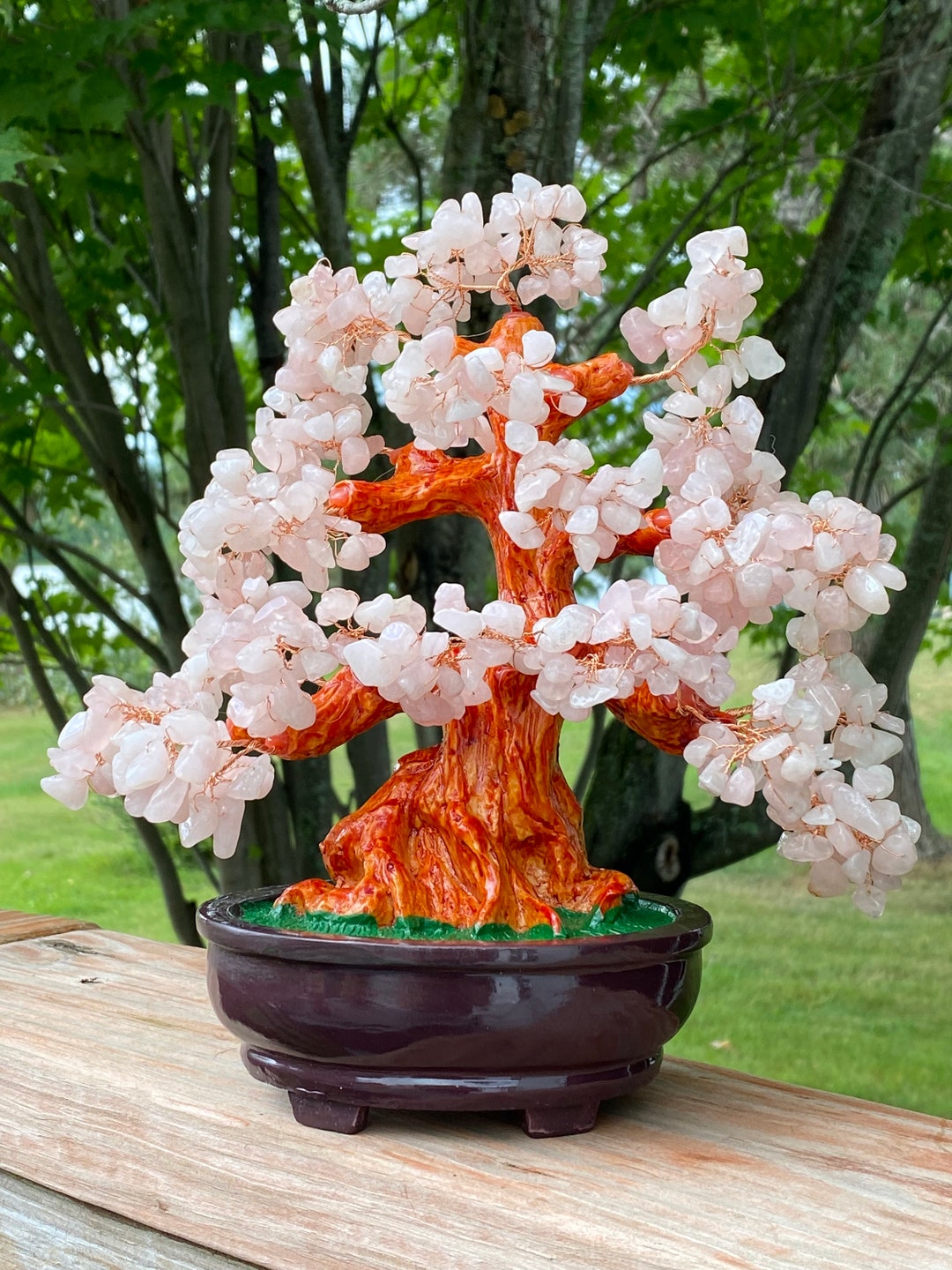 Rose Quartz Charka Bonsai Tree Copper Wire Crystal Stone, Crystal Tree ...