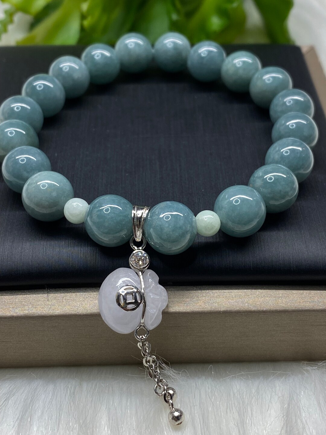 Jade Bead Bracelet: Platinum Silver Money Pouch Charm (wrist 6") - Etsy