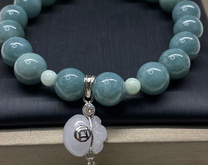Blue Jade Gemstone 9.8MM Bead Bracelet Mix Charm White Jade Money Pouch ...