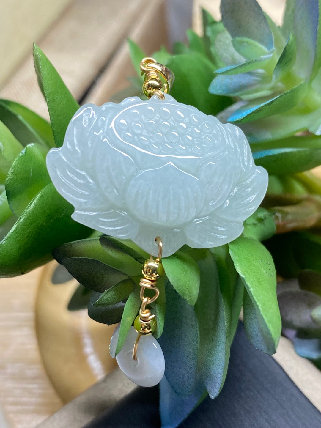 Jade Pendant, Lotus Hand Carved, 18k Gold Plated Silver, Lotus Pendant ...