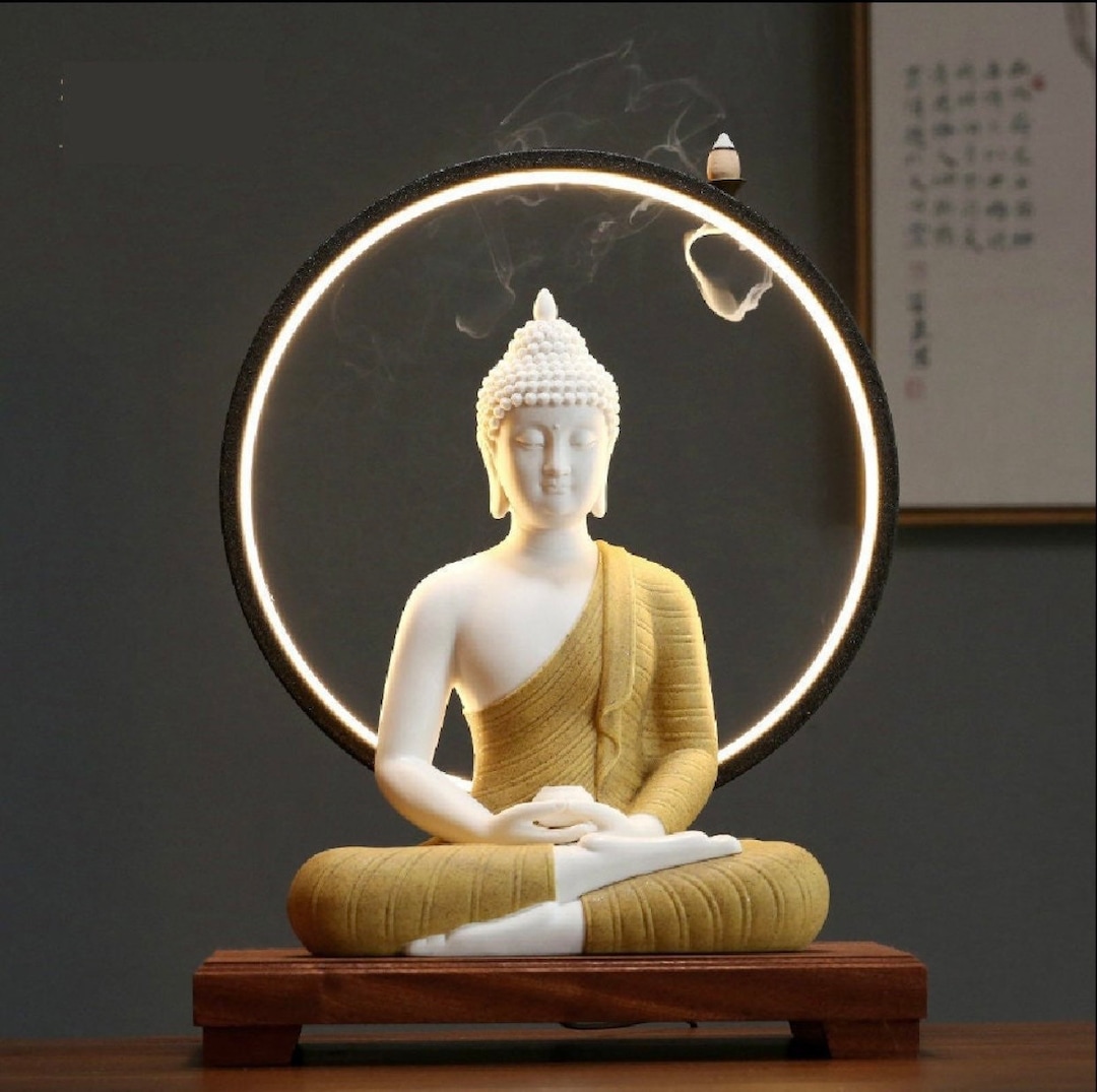 Set Porcelain Gautama Buddha Statue With Led Light Arch, Wood Platform ...