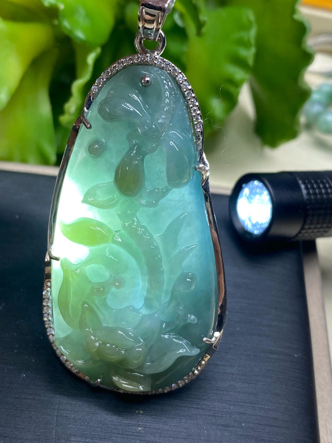 Jadeite Jade Lotus Flower & Dragonfly Pendant: Platinum Plated Silver ...