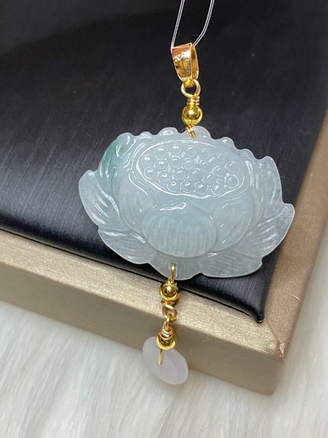 Jade Pendant, Lotus Hand Carved, 18k Gold Plated Silver, Lotus Pendant ...