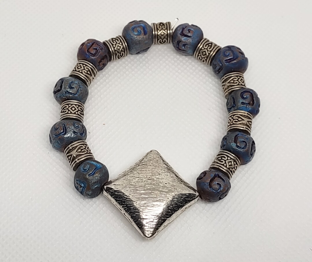 Azure Blue and Puffed Pewter Diamond Bracelet Carved Wooden - Etsy