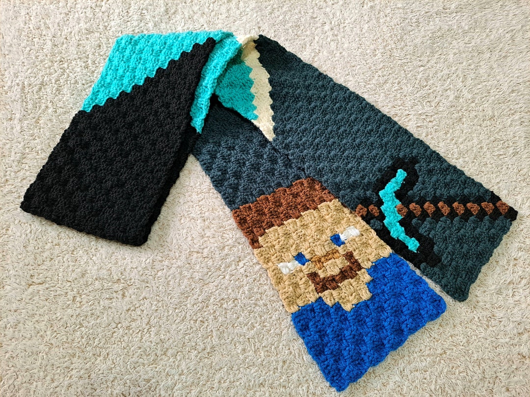 Crochet Pattern Minecraft Scarf, C2C Pattern Steve & Diamond Pickaxe ...