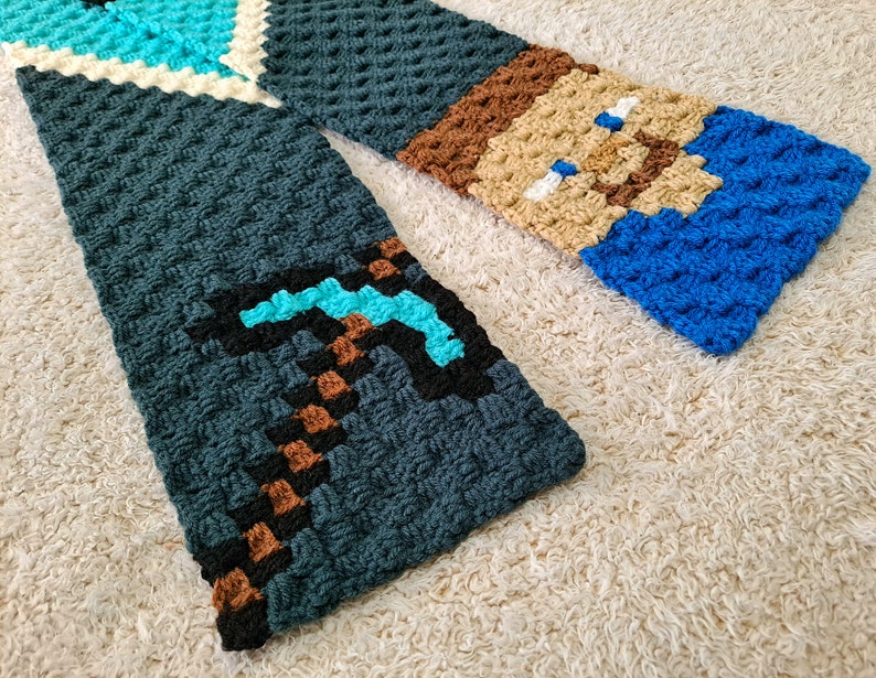 Crochet Pattern Minecraft Scarf, C2C Pattern Steve & Diamond Pickaxe ...