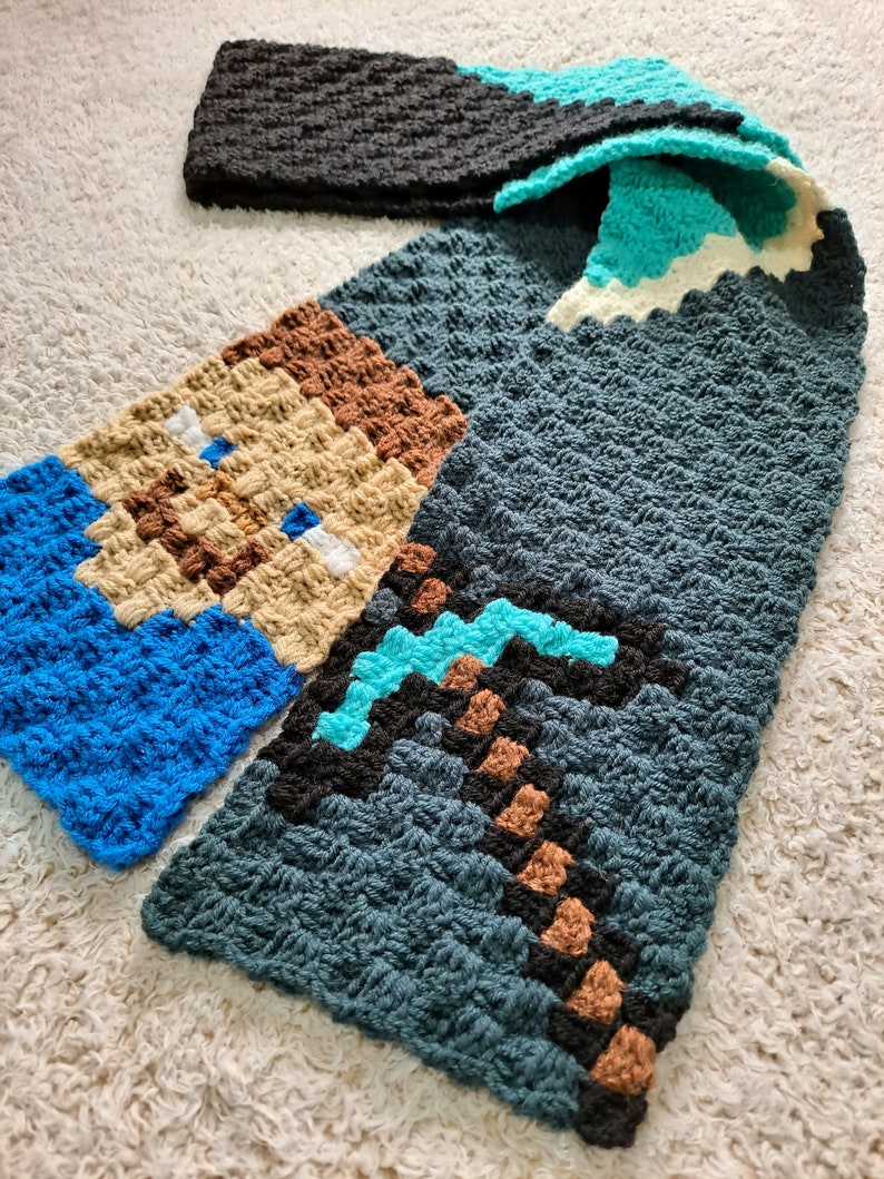 Crochet Pattern Minecraft Scarf, C2C Pattern Steve & Diamond Pickaxe ...