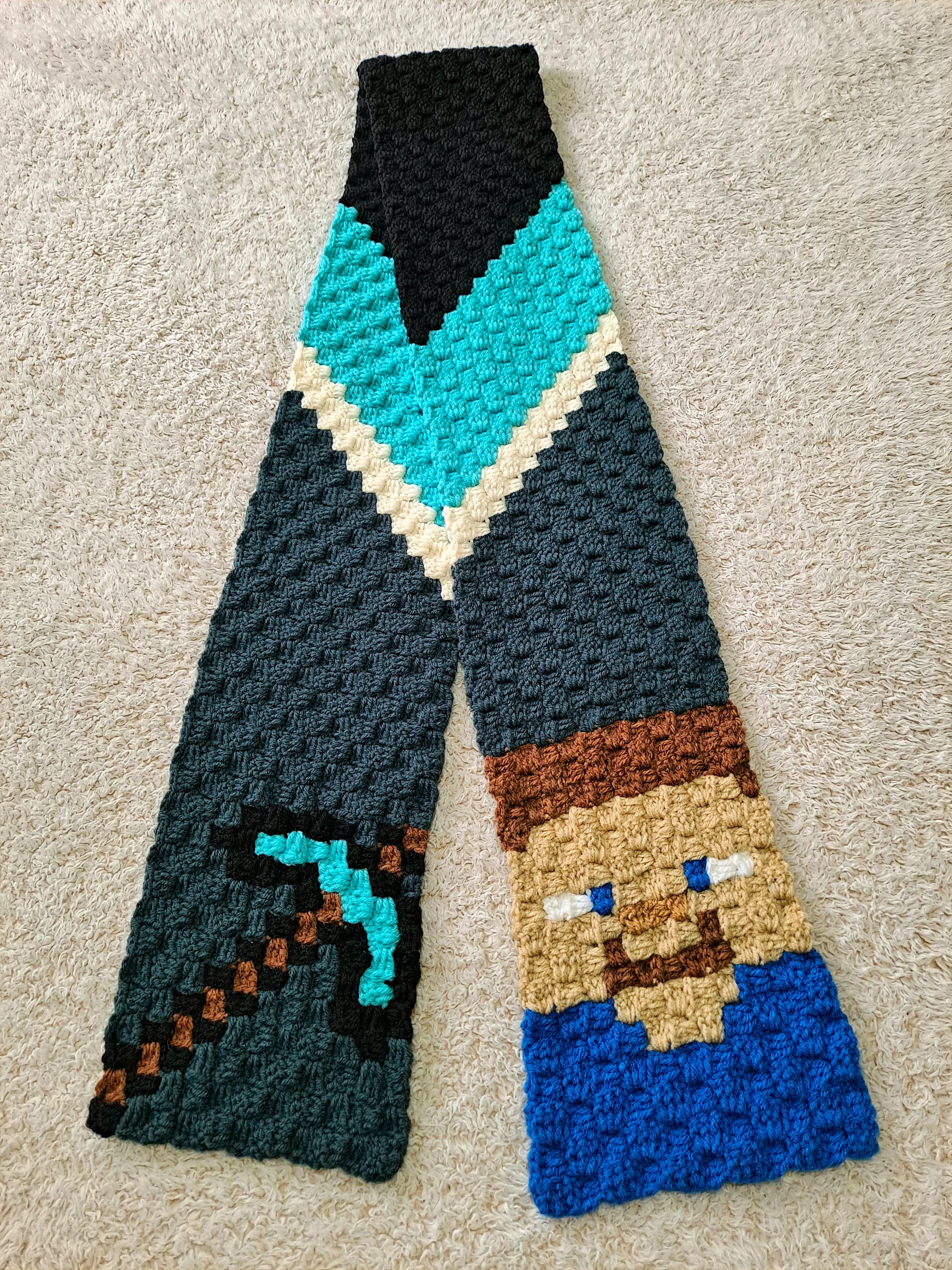 Crochet Pattern Minecraft Scarf, C2C Pattern Steve & Diamond Pickaxe ...