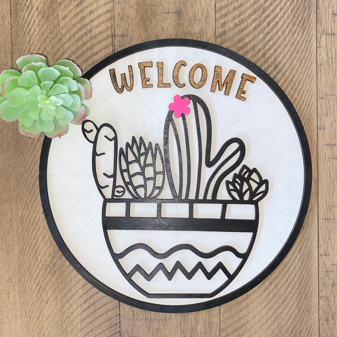 Cactus Pot Welcome Sign, Boho Round Welcome Sign, Boho Sign, Farmhemian ...