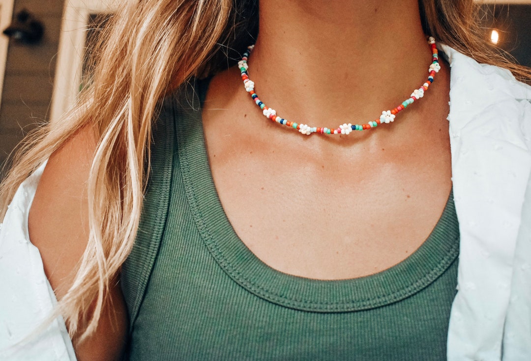 Multi Flower Seed Bead Necklace - Etsy