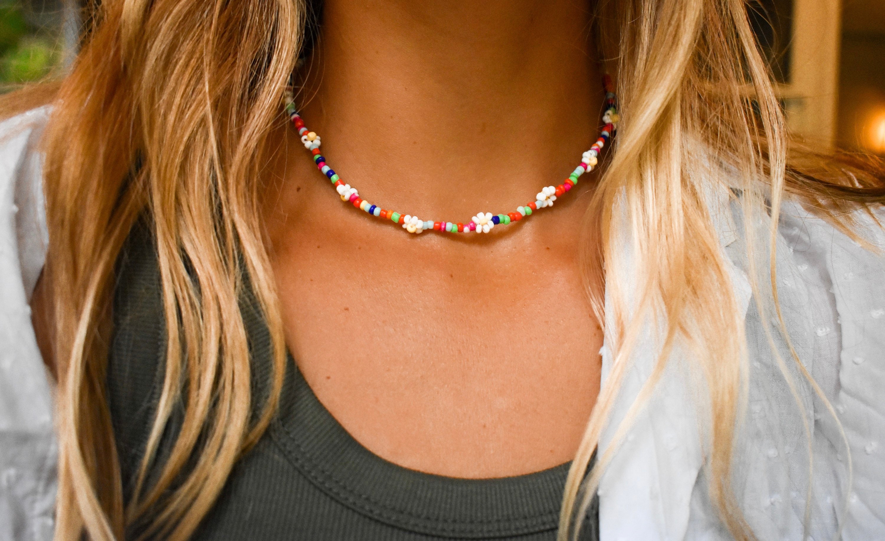 Multi Flower Seed Bead Necklace - Etsy