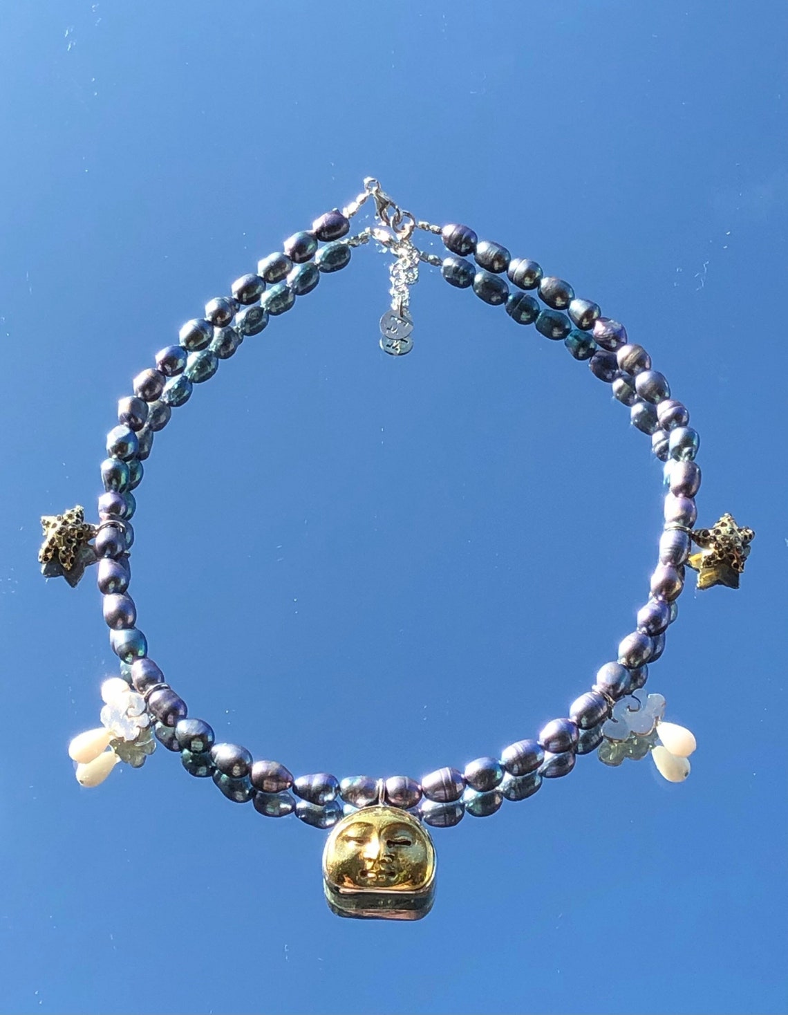 Brass Moon Face Pearl Necklace Gray Necklace Gift for Her - Etsy