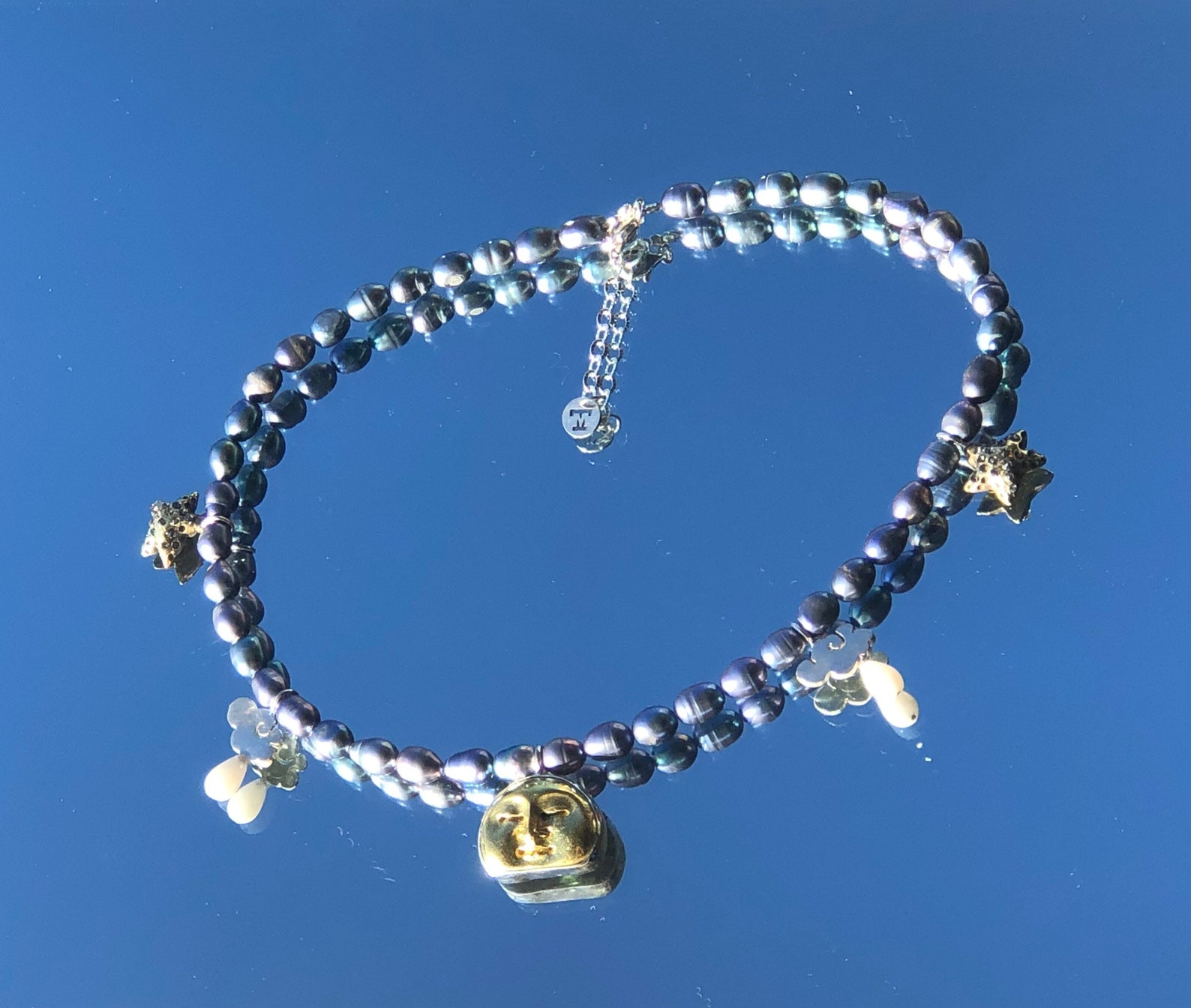 Brass Moon Face Pearl Necklace Gray Necklace Gift for Her - Etsy