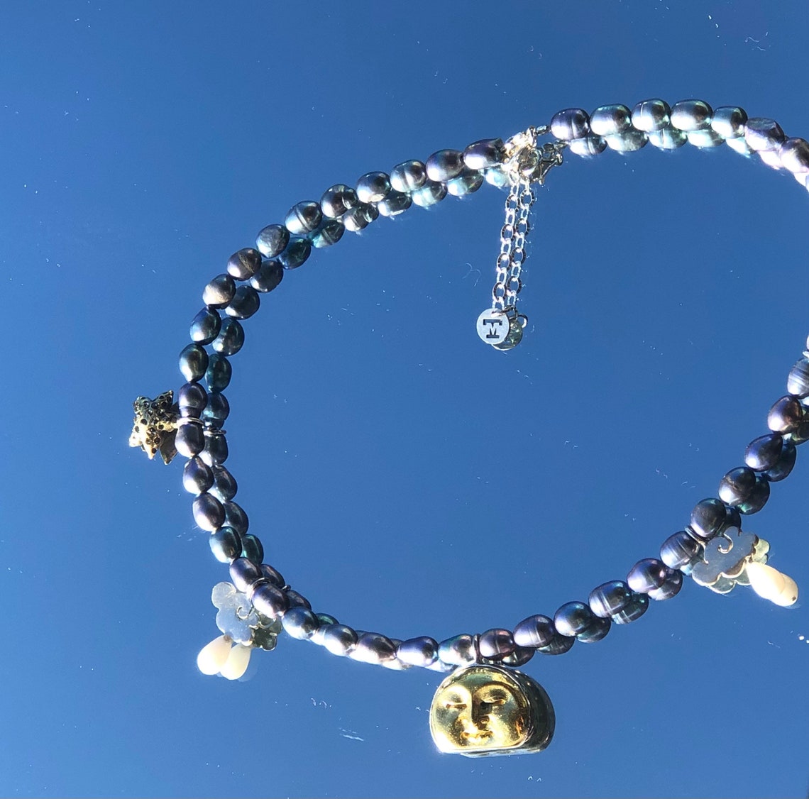 Brass Moon Face Pearl Necklace Gray Necklace Gift for Her - Etsy