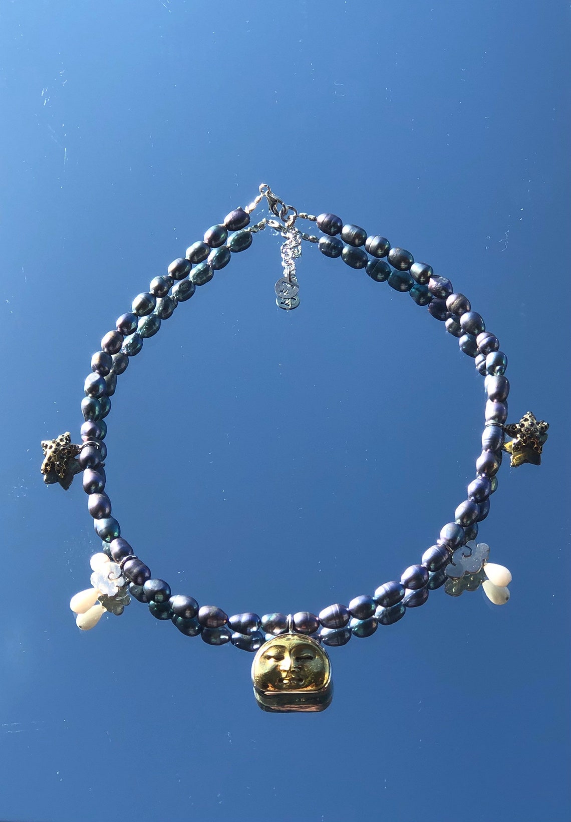 Brass Moon Face Pearl Necklace Gray Necklace Gift for Her - Etsy