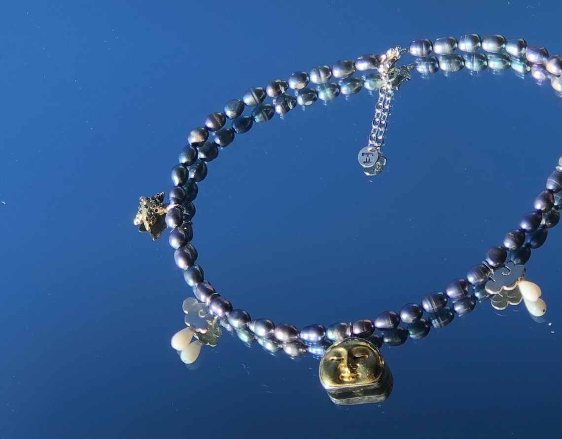 Brass Moon Face Pearl Necklace Gray Necklace Gift for Her - Etsy