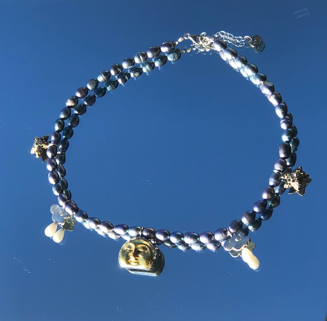 Brass Moon Face Pearl Necklace Gray Necklace Gift for Her - Etsy