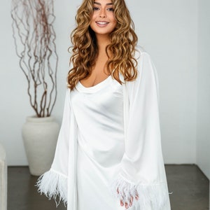 Plus Size White Feather Bridal Long Floor Length Robe, Long Slip ...