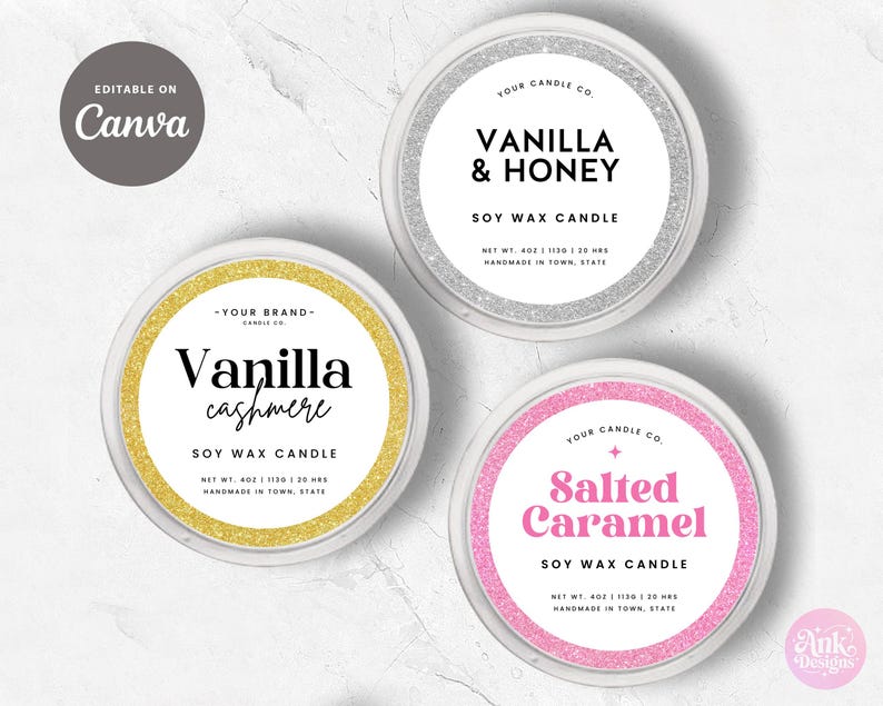 Editable Candle Label Template: Round Glitter Design (digital Download ...