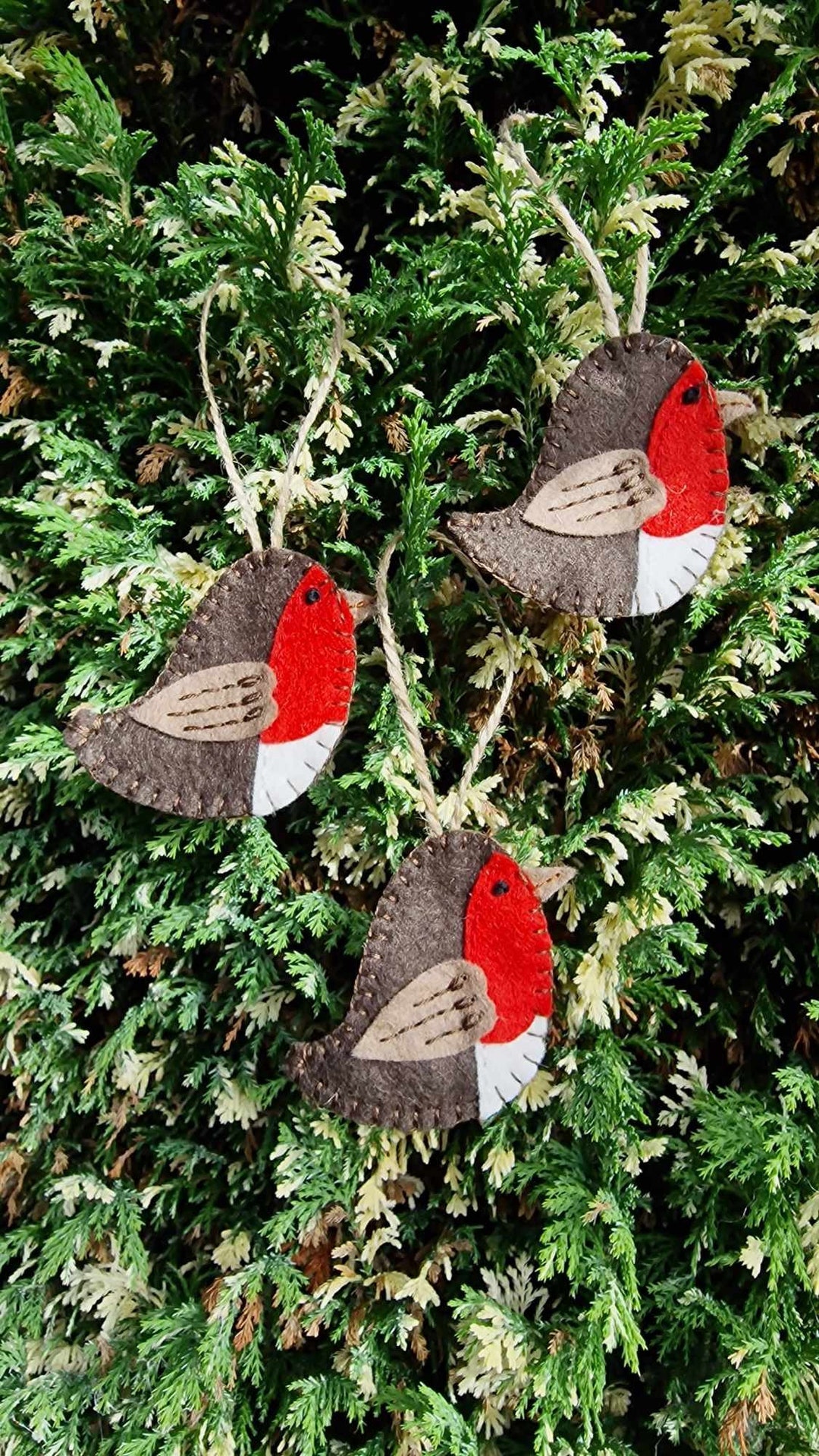 Set of 3, Handmade, Embroidered Felt Robin Christmas Tree Decorations ...