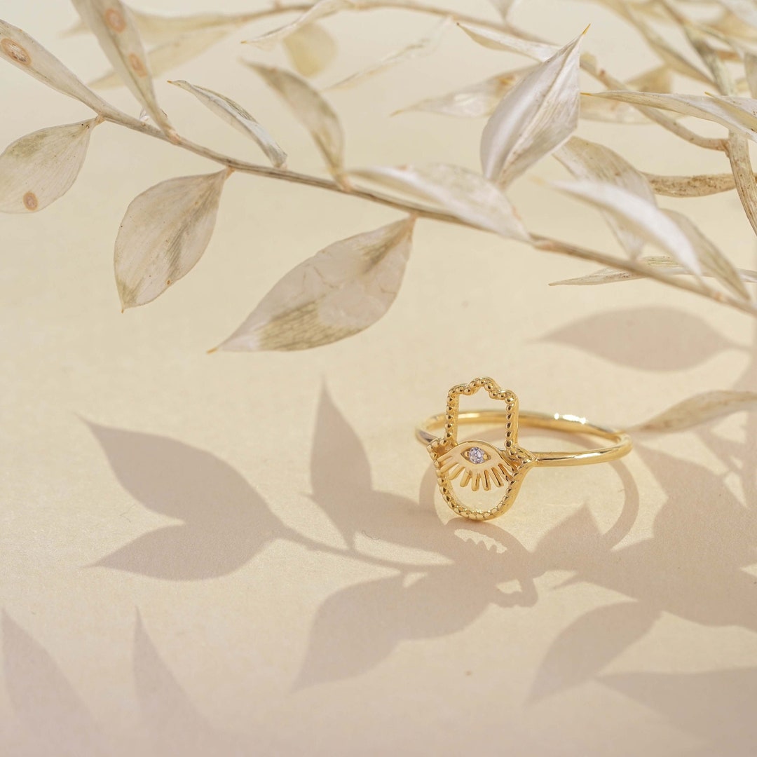 14K Solid Gold Hamsa Ring Unique Fatima Hand Jewelry Simple Evil Eye ...