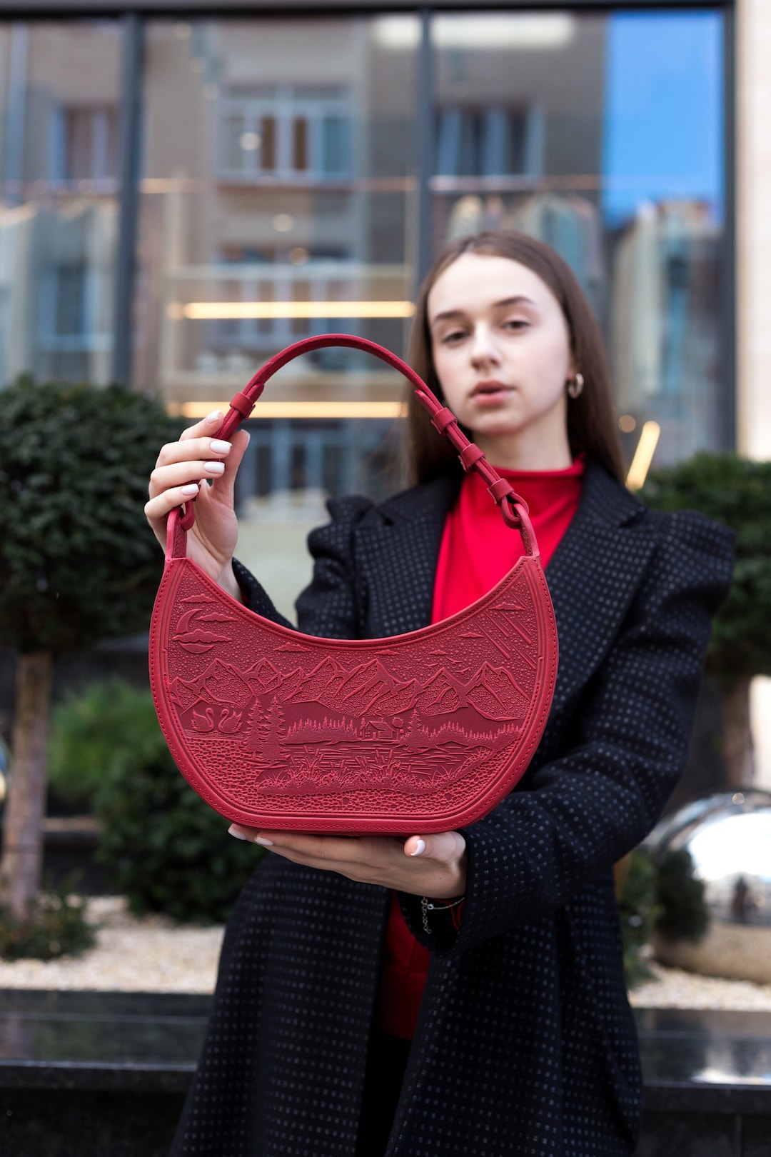 Personalized Red Leather Baguette Bag: Handmade Embossed Handbag - Etsy