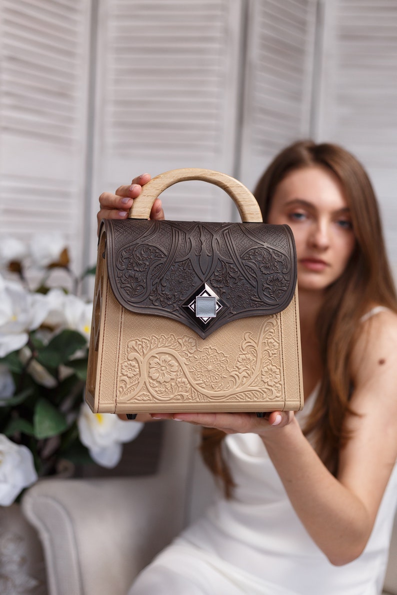 Handmade Wooden Leather Handbag: Embossed Women's Purse - Etsy