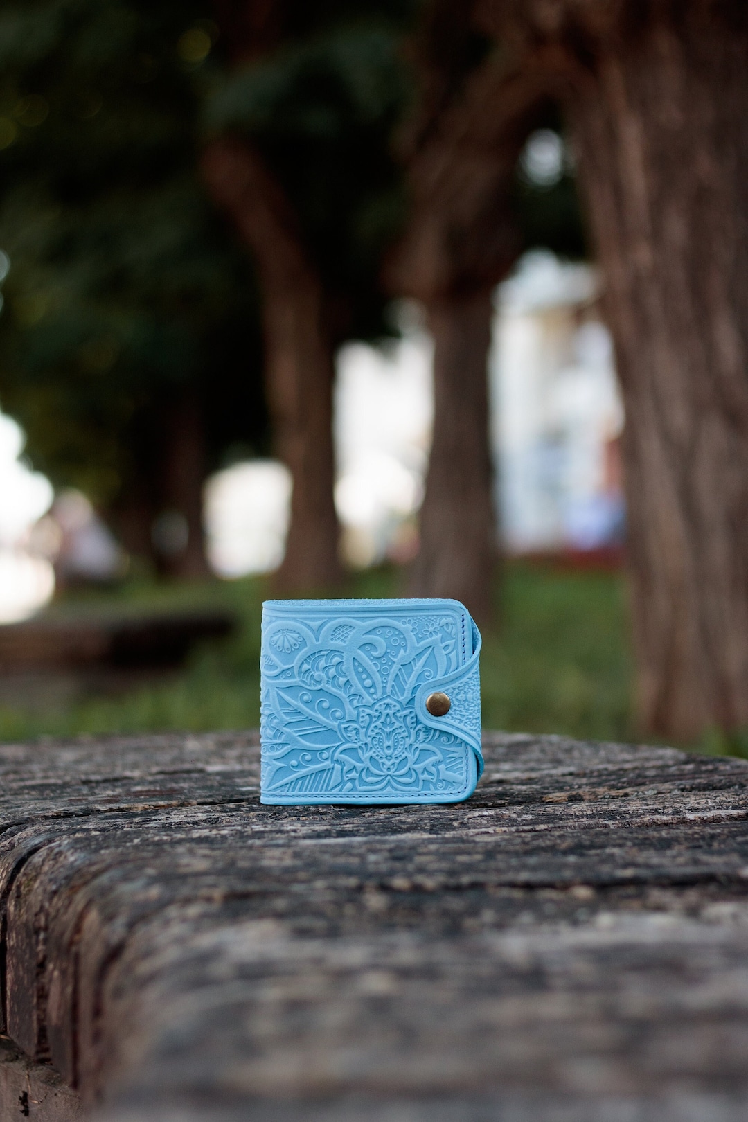 Blue Leather Floral Bifold Wallet: Handmade Luxury Purse - Etsy