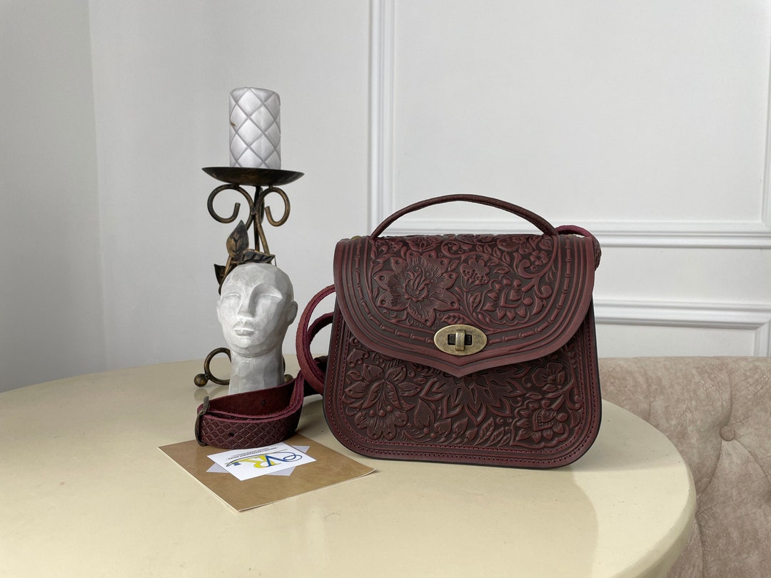 Handmade Leather Crossbody Bag: Floral Embossed Genuine Leather Purse ...