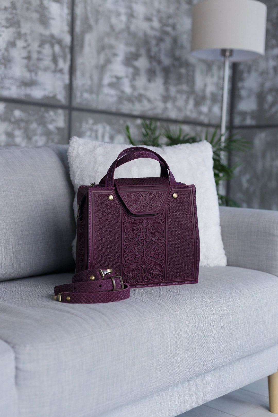 Handcrafted Purple Leather Handbag With Zipper - Personalized Crossbody ...