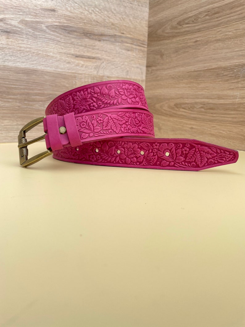 Pink Leather Belt Genuine Leather Belt Embossed Leather - Etsy