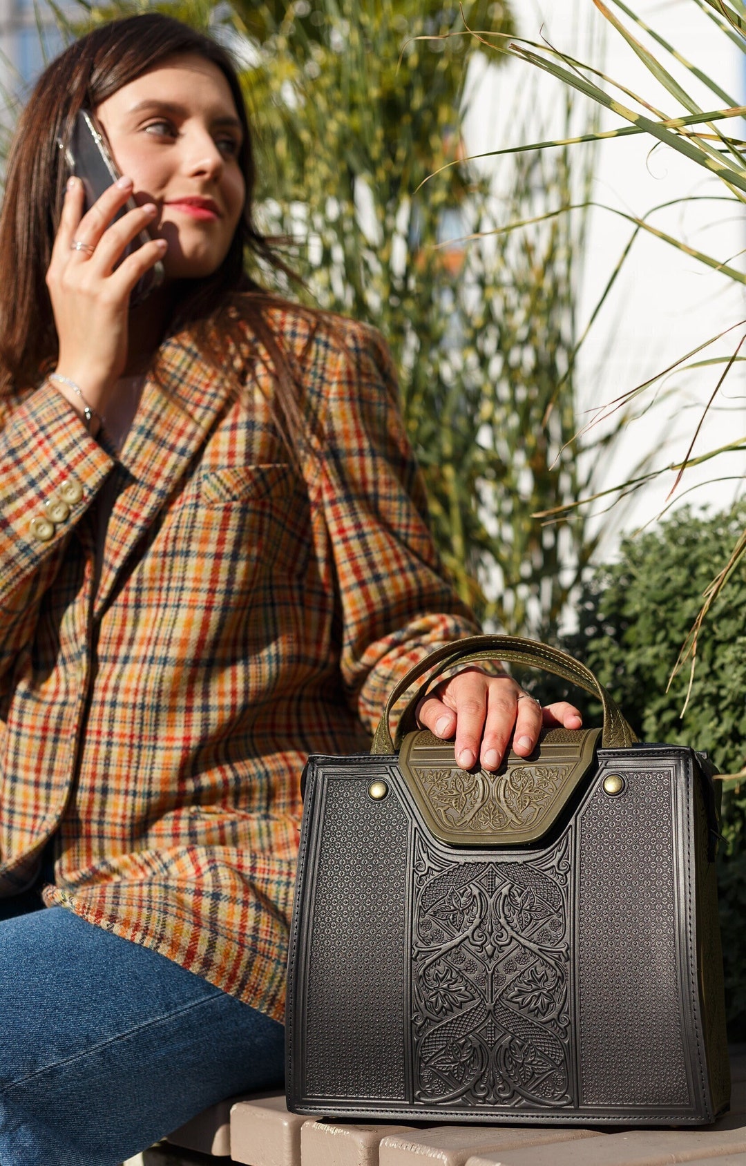 Embossed Black Leather Work Bag: Handmade Designer Handbag - Etsy