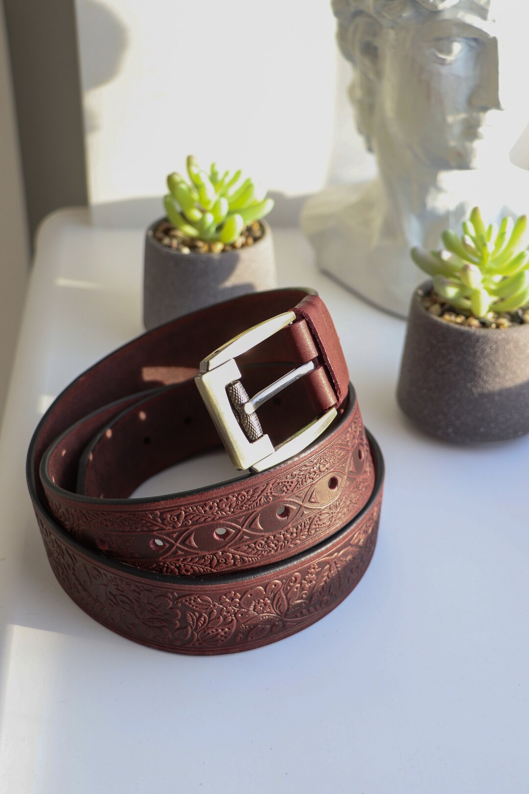 Handcrafted Embossed Leather Belt for Women - Personalized Unique ...