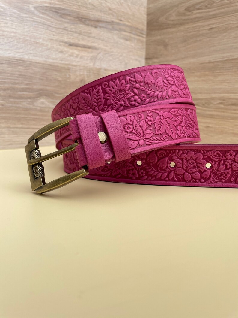 Pink Leather Belt Genuine Leather Belt Embossed Leather - Etsy