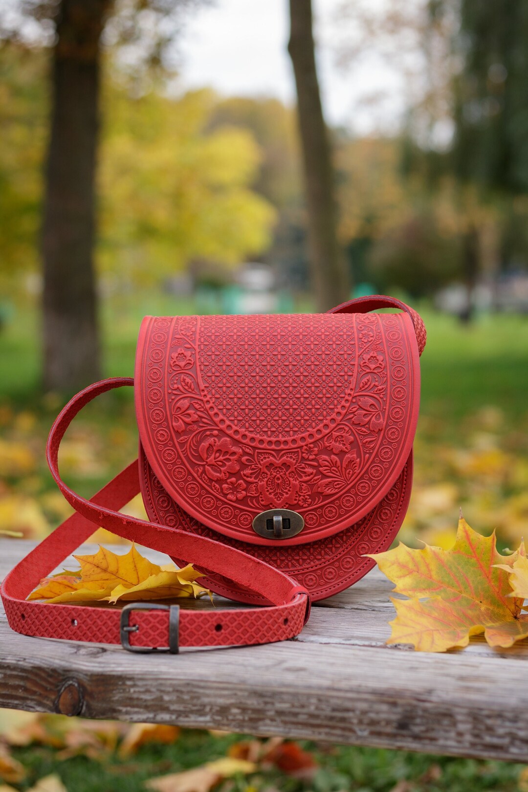 Embossed Red Leather Crossbody Bag: Handmade Floral Shoulder Purse - Etsy