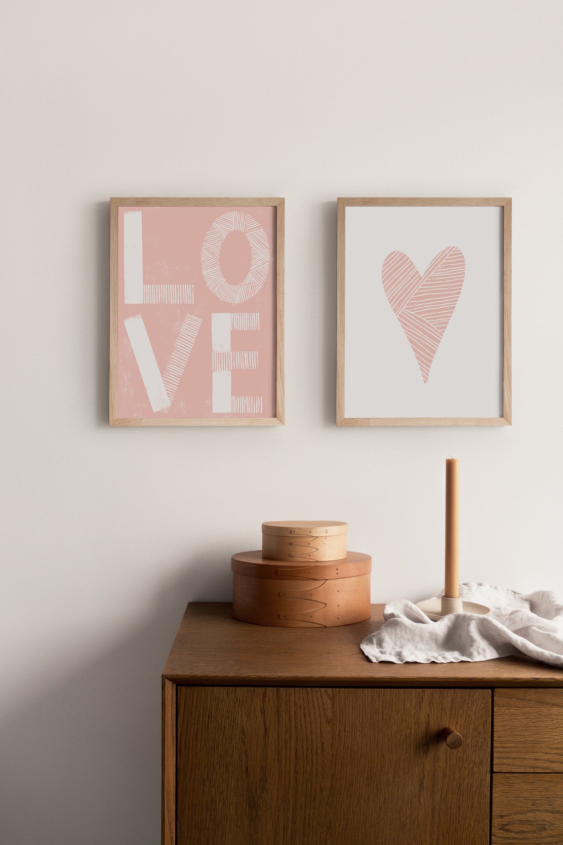 Set of 2 Prints, Blush Pink Heart, Love, Printable Wall Art, Line ...