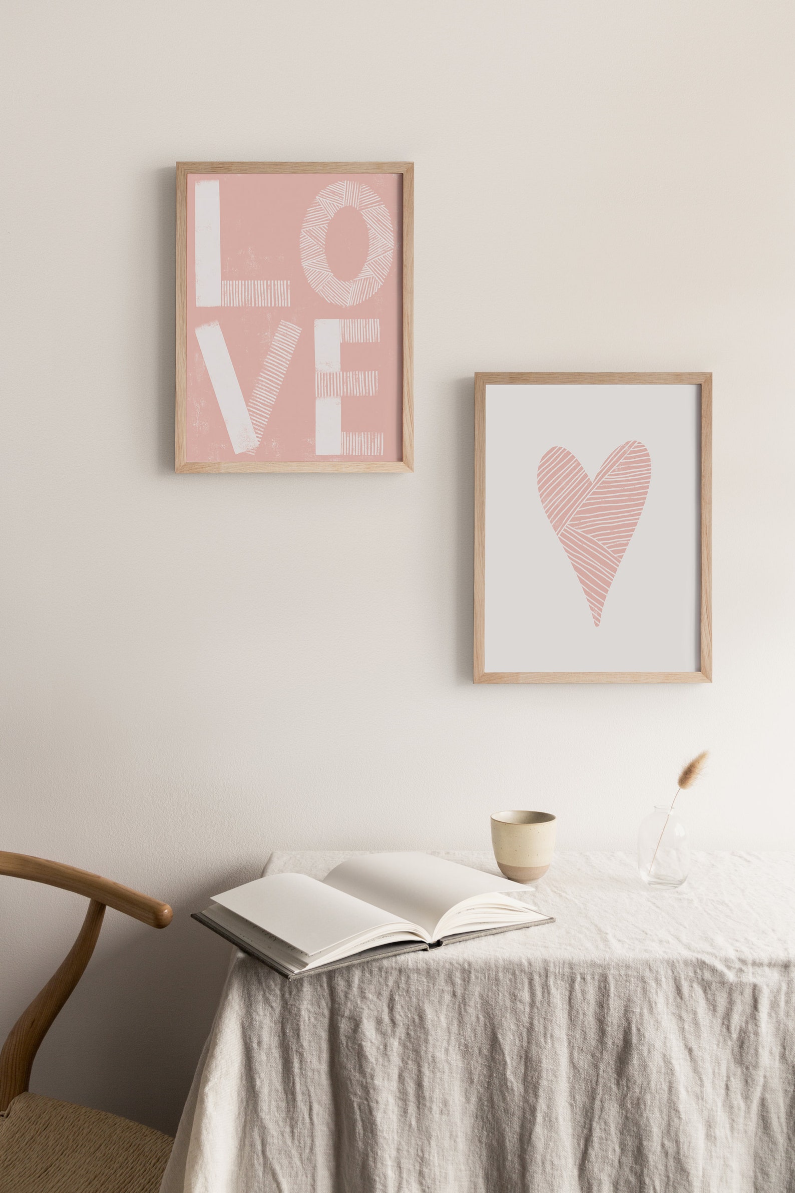 Set of 2 Prints, Blush Pink Heart, Love, Printable Wall Art, Line ...