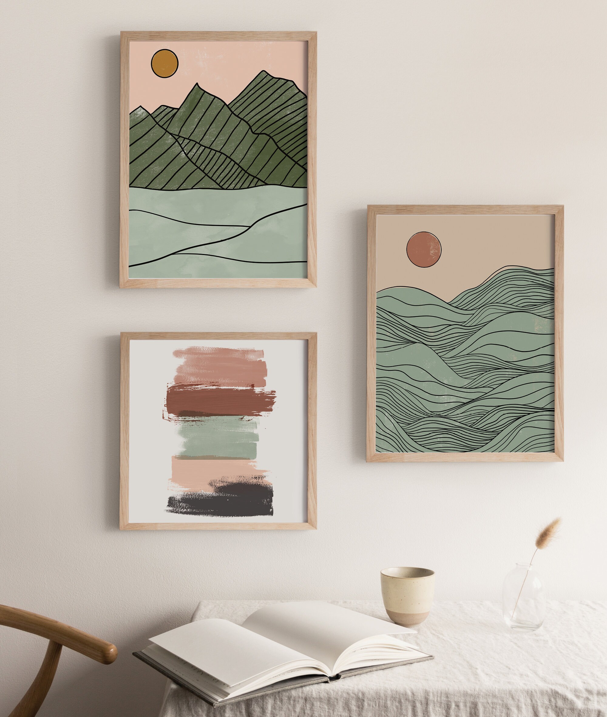 Sage Green Home Decor, Printable Wall Art, Set of Three Prints, Boho ...