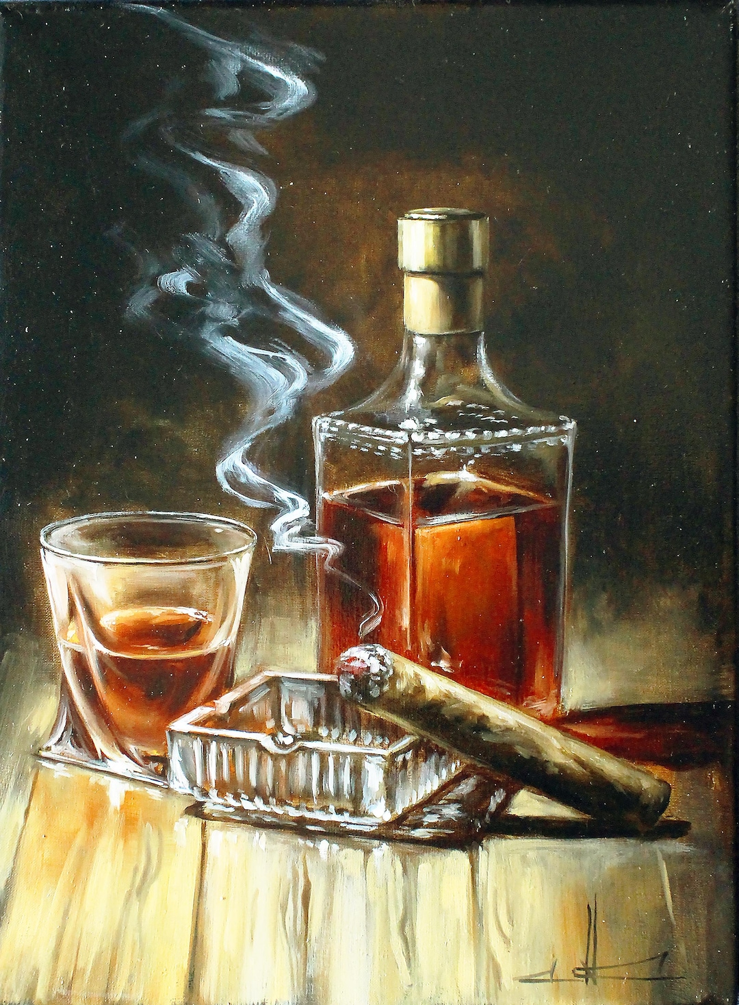 Whiskey and Cigars Oil Painting: Still Life Art, Bar Decor - Etsy